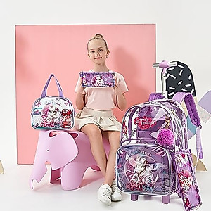 ZBAOGTW Unicorn Rolling Backpack for Girls Rolling Backpack with Lunch Box and Pencil Bag Adjustable Length Wheeled Backpack for Girls