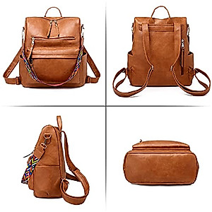 LAFRIOUS Women Backpack Purse, PU Leather Casual Fashion Shoulder Bag Convertible Detachable Colorful Strap 3 Ways to Carry Brown