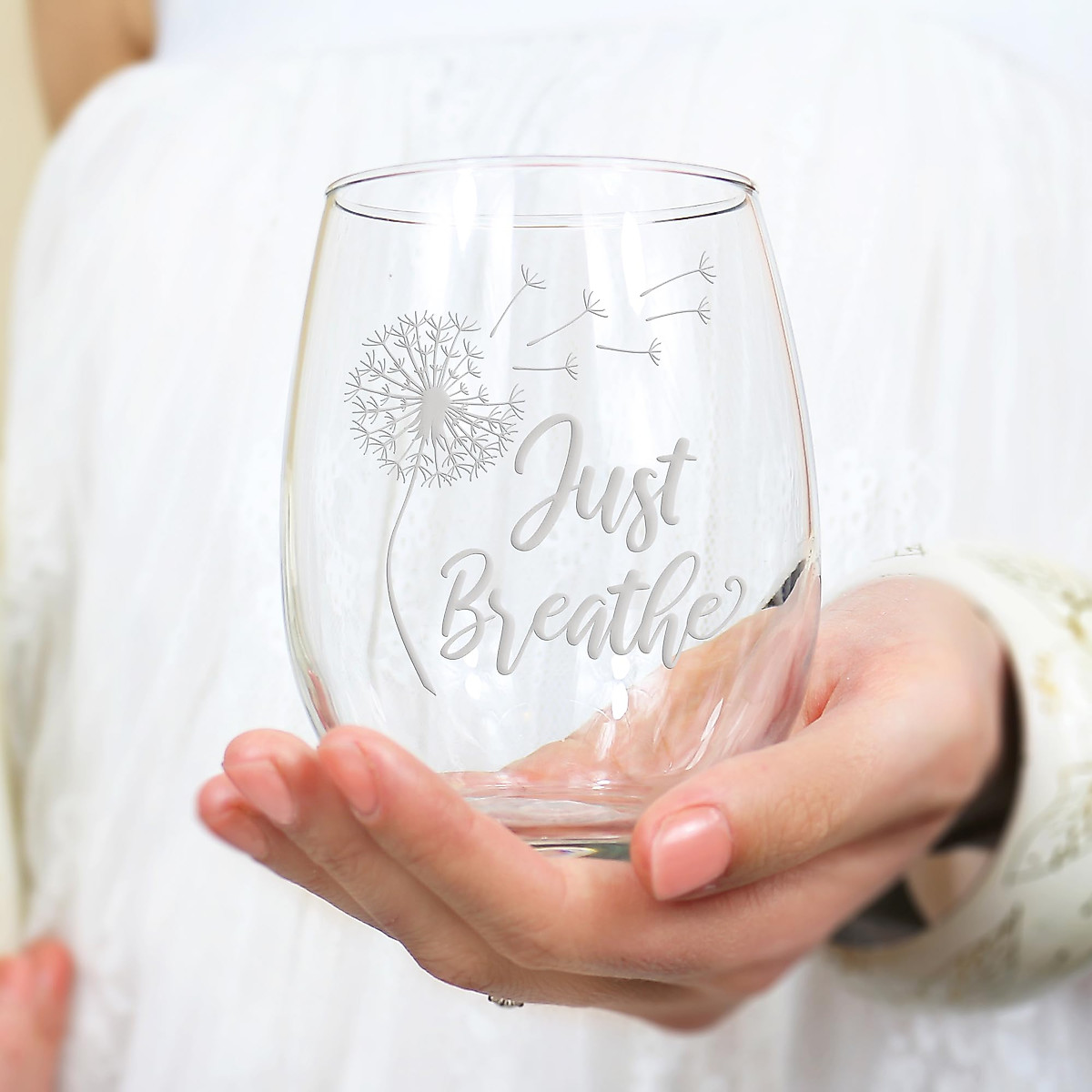 Just Breathe Dandelion Stemless Wine Glass - Just Breathe Gift, Dandelion Gift, Flower Gift, Momlife Gift, Just Breathe Wine Glass