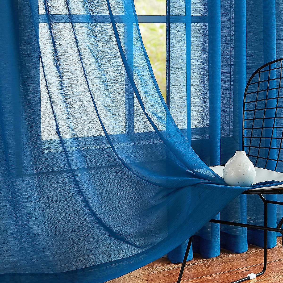 FMFUNCTEX Sheer Blue Curtains for Bedroom 96" Navy Slub Texture Light Filtering Voile Draperies for Garden Patio Linen-Look Breathable Sheer Window Panels Rod Pocket, 52" Wide 2 Pcs