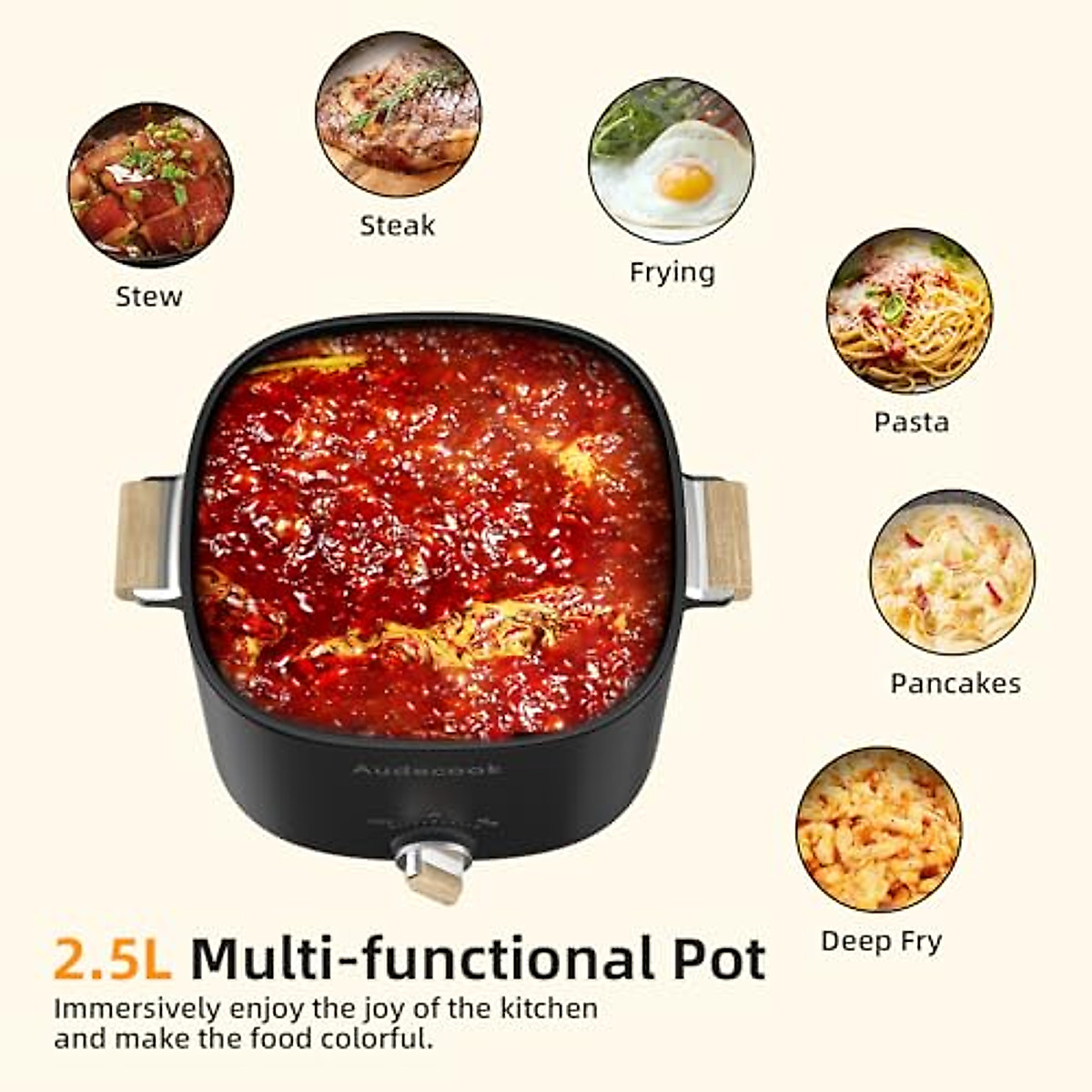 Audecook Hot Pot Electric, 2.5L Portable Nonstick Multicooker, Shabu-Shabu Pot, Travel Electric Skillet with Dual Power Temperature Control for Noodles/Soup/Egg/Steak/Oatmeal/Porridge(Black)