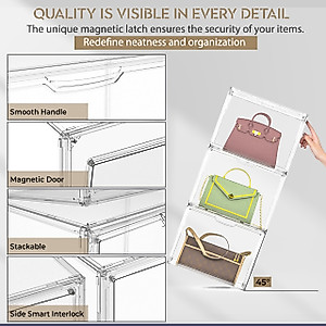 BagMania Clear Bag Box Storage Organizer 4Pack Stackable for Closet, Acrylic Magnetic Drop Down Door for Purse Handbag Shoes Wallet Books Clutch Toys