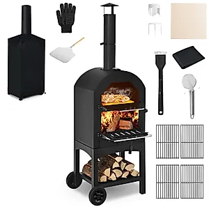 COSTWAY Outdoor Pizza Oven, Wood Fired Pizza Oven for Outside, Patio Pizza Grill with Pizza Stone, Pizza Peel, and Waterproof Cover for Backyard Camping
