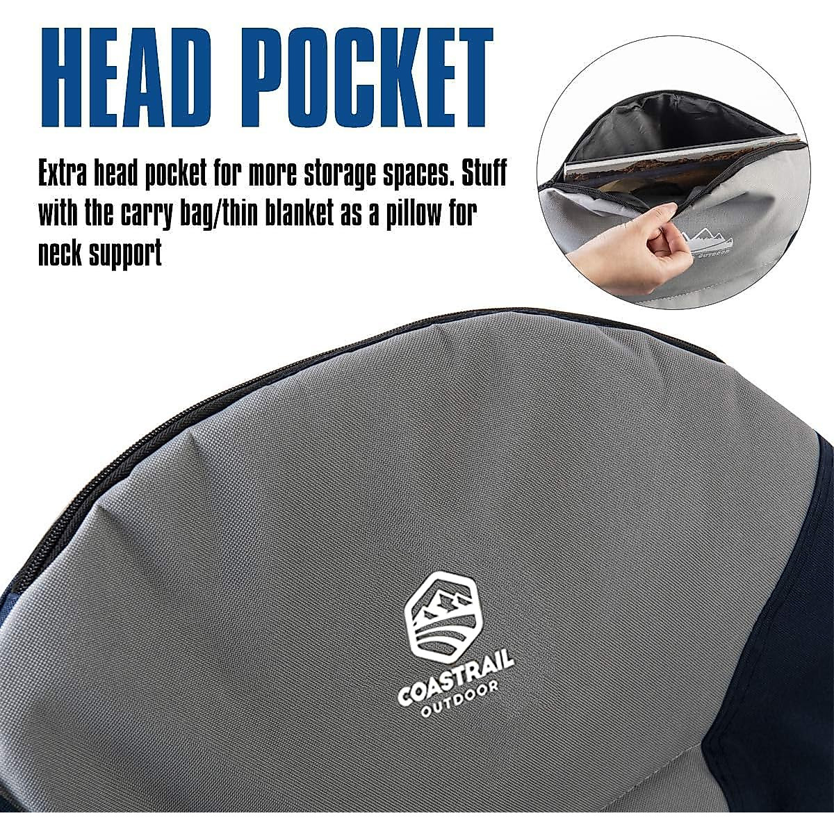 Coastrail Outdoor Camping Chair Oversized Padded Folding Quad Arm Chairs with Lumbar Back Support, Cooler Bag, Cup Holder & Side Pocket, Extra Head Pocket, Supports 400 lbs (Blue, Modern)