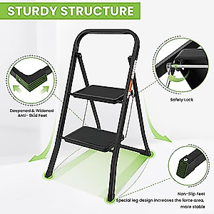 2 Step Ladder, SPIEEK Folding Step Stool with Wide Anti-Slip Pedal, 330lbs Capacity Portable Lightweight Ladders for Home Kitchen Outdoor, Black