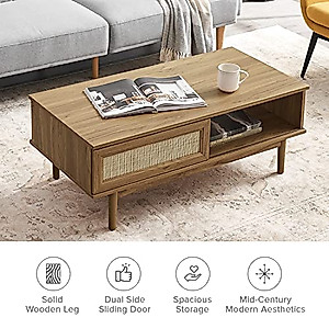 mopio Haylee Modern Boho Rectangle Farmhouse Coffee Table with Adjustable Natural Rattan Wicker Sliding Door, Solid Wood Leg, & Dual Storage Shelf for Living Room, Includes Leveler (Natural Oak)