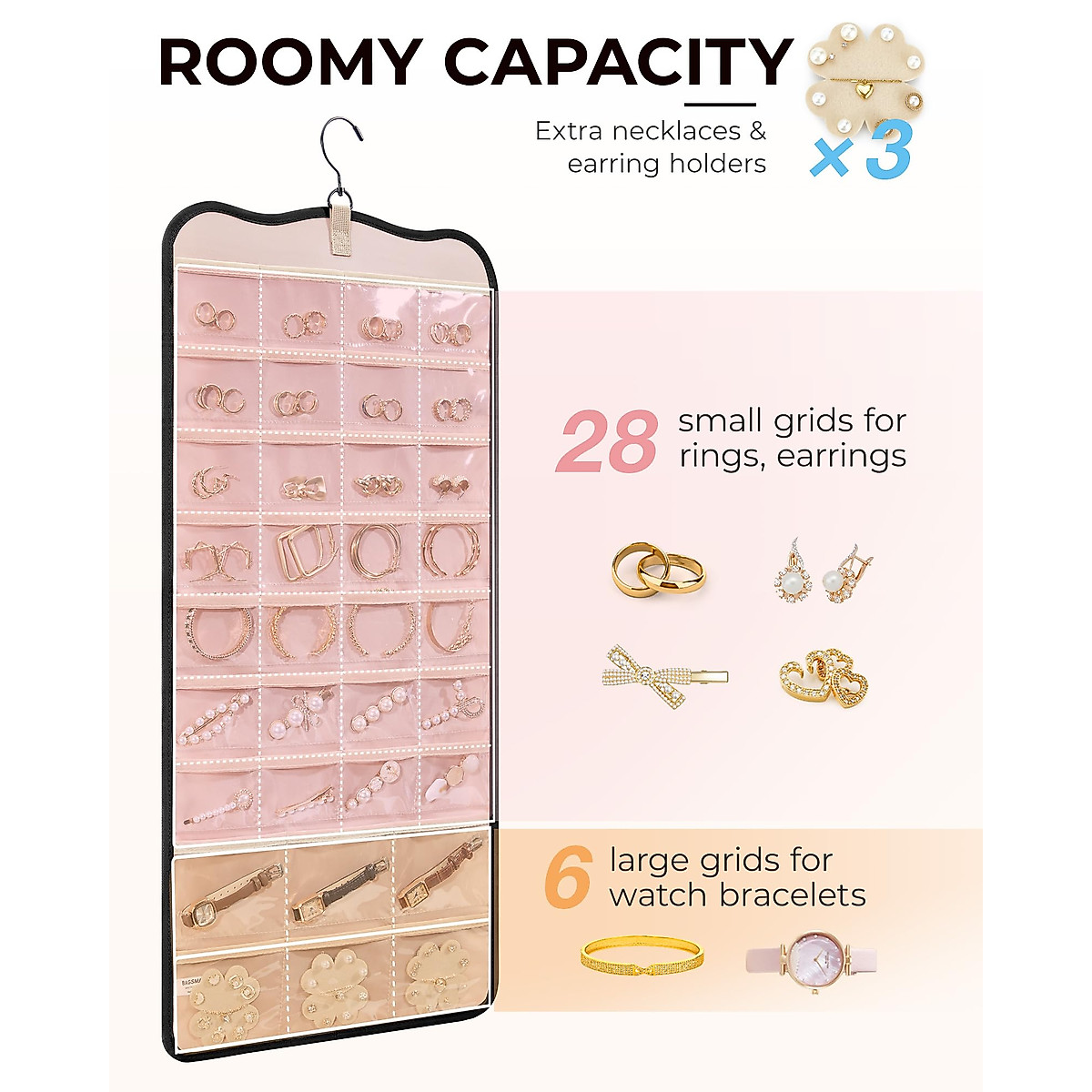 BAGSMART Hanging Jewelry Organizer Storage with Hanger Metal Hooks Double-Sided Jewelry Holder for Earrings, Necklaces, Rings on Closet, Wall, Door, 1 piece Large Black