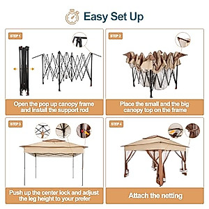 COBIZI 11x11 Pop Up Gazebo Canopy Tent Easy Up Outdoor Gazebo Waterproof Upgrade Portable Gazebo with Mosquito Nettings, Double Vented Roof and Carry Bag for Patio Garden Lawn(Khaki)