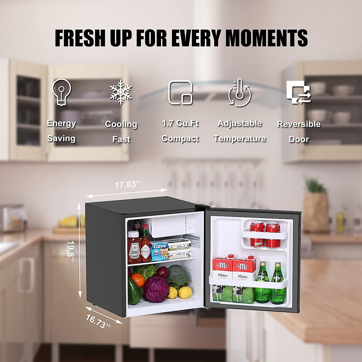 Frestec 1.6 Cu.Ft Mini Fridge with Freezer, Compact Refrigerator, Energy Efficient for Office, Apartment, Dorm, Bedroom