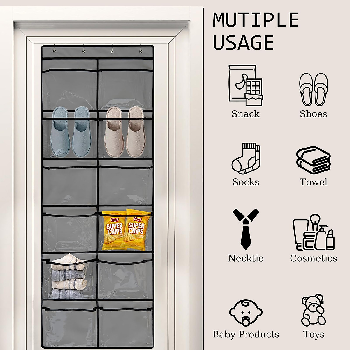 Breathable Mesh Pocket Over the Door Hanging Shoe Organizer, Closet Shoe Organizer, Large Men's and Women's Shoe Organizer, Hanging Over the Door Shoe Organizer,12 Pocket,Grey