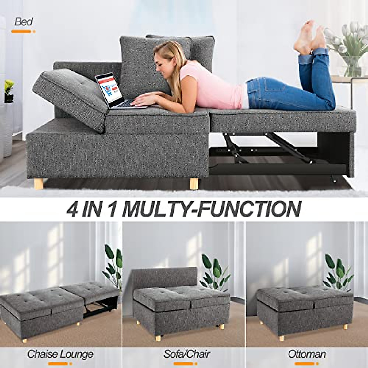 SEJOV Sofa Bed 4-in-1 Convertible Sofas & Couches, 3-Seat Linen Fabric loveseat Sofa with 2 Throw Pillow, Single Recliner for Small Space with 5 Adjustable Backrest, Dark Grey