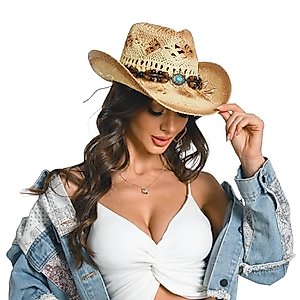 POUDAY Straw Cowboy Hat for Women Western Cowboy Hat with Wide Brim Breathable Cowgirl Hat for Summer Beach Beige
