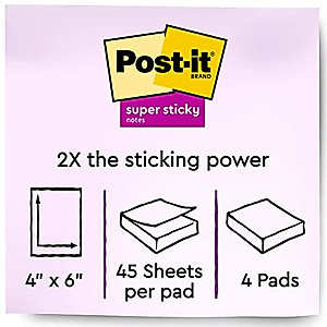 Post-it Super Sticky Notes, 4x6 in, 4 Pads, 2x the Sticking Power, Canary Yellow, Recyclable (4621-SSCY)