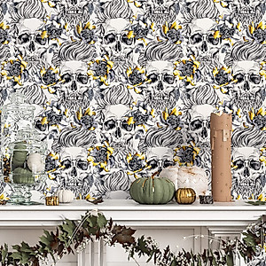 STICKEEP Skull Floral Wallpaper Stick and Peel Boho Gold Floral Peel and Stick Wallpaper for Bedroom Bathroom Wall Paper Black White Floal Contact Paper for Cabinets Self Adhesive Vinyl Roll 24”x118”