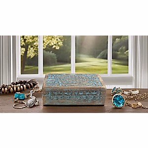 Great Birthday Gift Ideas Handmade Decorative Wooden Jewelry Box Jewelry Organizer Keepsake Box Treasure Chest Trinket Holder Watch Box Storage Lock Box Housewarming Gift Ideas Men Women (Blue)