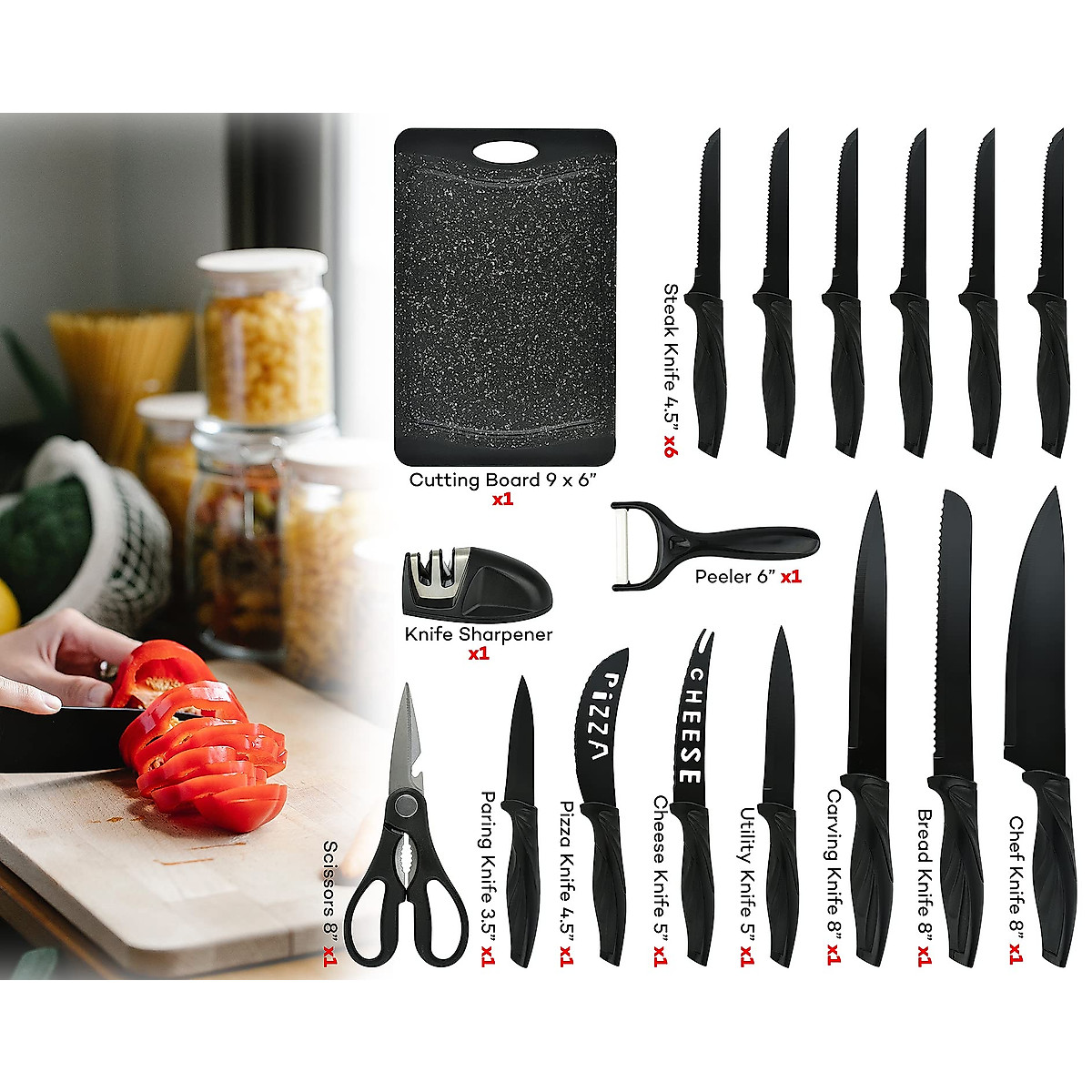 30 Pieces Knife Set and kitchen utensil set, silicone cooking utensils set for kitchen essentials with Knife Sharpener, 11 Pcs black knife set, Cutting Board essential knife and cutting board set