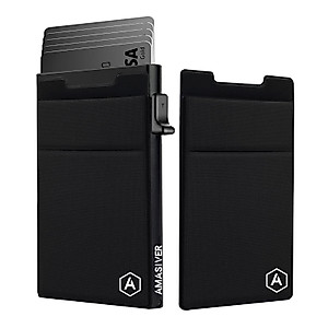 Amasiver Metal Card Holder Pop Up Wallet for Men Credit Card Slim Minimalist Wallet RFID Blocking Protection Cards Case Business Money Pocket for Notes and Coins and Debit Cards | Black