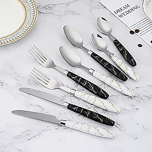 24-Piece Set of Marble pattern Handle Cutlery Set Kitchen Silverware Tableware Main Stainless Steel Knife and Fork Spoon Commercial Steak Coffee Western Tableware (White)