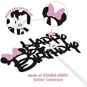 Black Glitter Minnie Inspired Happy Birthday Cake Topper with Pink Bows and White Gloves Girls Birthday Party Decorations Supplies