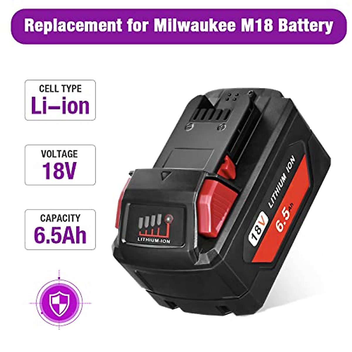 2Packs 6500mAh M18 Battery Compatible with Milwaukee 18V Battery for 48-11-1820 48-11-1850 48-11-1828 48-11-10 48-11-1815 48-11-1852 48-11-1822 48-11-1811 48-11-1840 Cordless Power Tools Batteries
