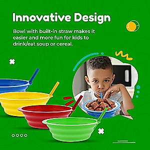 Green Direct Sippy Bowl With Straw and Spoons | 22 Ounce Plastic Cereal Bowls With Straws BPA Free Assorted Color | Built-in Straw Bowl Blue Red Green Yellow Pack of 4