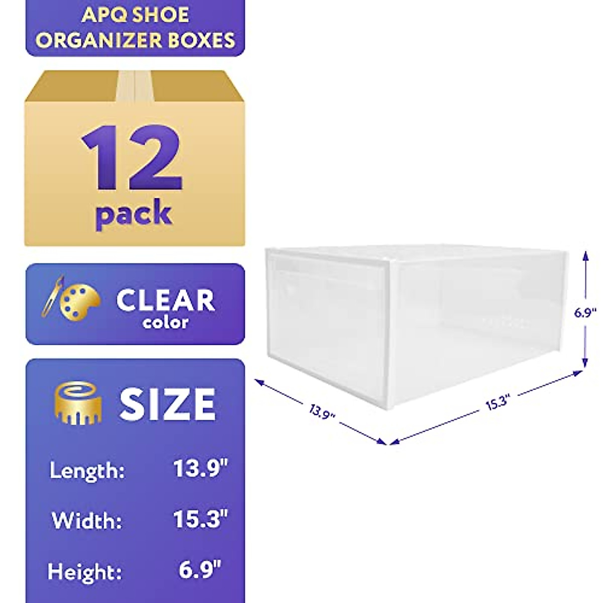 APQ 12 Pack Shoe Organizer Boxes 13.9" x 15.3" x 6.9", Ventilated Clear Shoe Box Organizer, Durable Plastic Shoes Organizer, Roomy and Stackable Shoe Boxes Set of 12, Easy to Open Shoe Storage Box