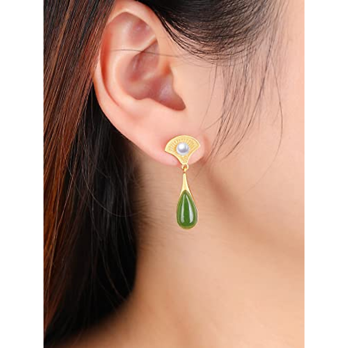 BETHZA Green Jade Earrings 925 Sterling Silver Gold Plated Teardrop Jade Dangle Earring Chinese Style Fan Drop Earring Jewelry Gifts for Women