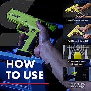 SABRE Pepper Projectile Launcher, Home Defense. Mag holds 7 .68 Caliber projectiles, Adjustable Fiber Optic Sights, Direct Impact Up to 60ft. Area Saturation Up to 175ft, 350 FPS Velocity. 12g CO2