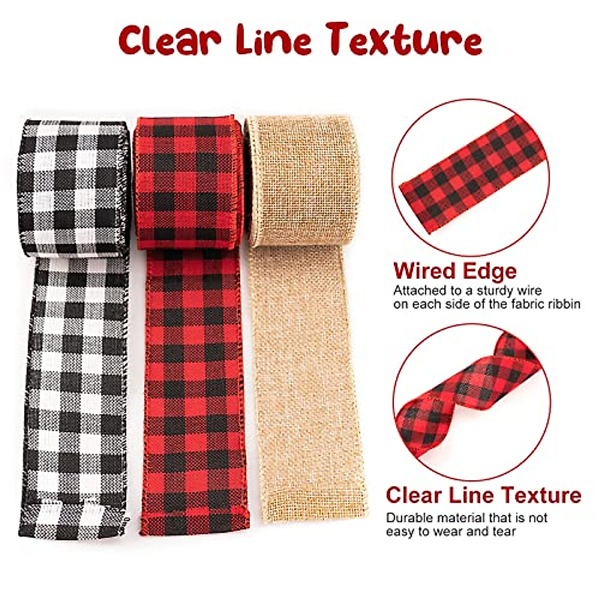 3 Rolls Christmas Wired Ribbons Black Red Plaid Ribbon, Black White Buffalo Plaid Ribbon and Burlap Ribbon for DIY Gift Wrapping, Holiday Decorations(2 Inch, with LED)