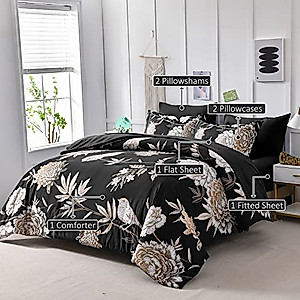 Black Floral Comforter Set Queen Size 7 Pieces Bed in a Bag, Flower and Birds Printed on Black Bedding Set Botanical Pattern Comforter and Sheet Set,Soft Microfiber Complete Bedding for All Season