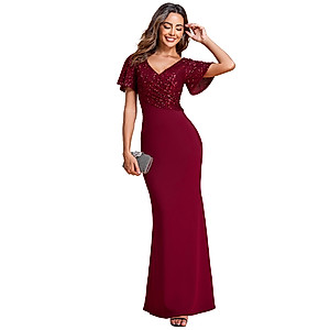 Ever-Pretty Women's Fall V-Neck Short Sleeves Sequin Top Mermaid Long Evening Party Dress Burgundy US10