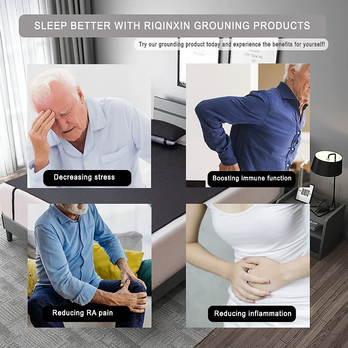 RIQINXIN Grounding Mattress Pad with 15ft grounding Cord Grounding Mat Perforated Design Conductive PU Leather Grounding Mat for Bed Relieve Pain 55x71in Black