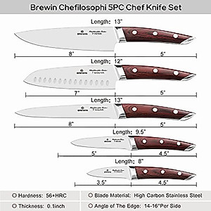Brewin CHEFILOSOPHI Chef Knife Set 5 PCS with Elegant Red Pakkawood Handle Ergonomic Design,Professional Ultra Sharp Kitchen Knives for Cooking High Carbon Stainless Steel Japanese Chef's Knife