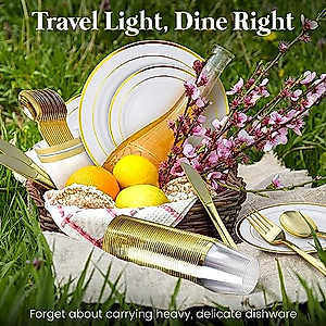 600 Piece Gold Dinnerware Set – 200 White and Gold Plastic Plates – Set of 300 Gold Plastic Silverware – 100 Gold Plastic Cups – Disposable Gold Dinnerware Set for Party or Wedding up to 100 Guests