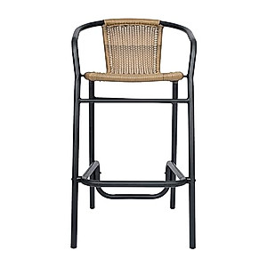 Flash Furniture Lila Commercial Grade Rattan Indoor-Outdoor Commercial Restaurant Barstool - Rattan Seat and Back - Footrest - Medium Brown