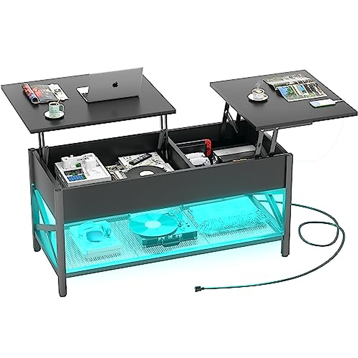Aheaplus Coffee Table, Lift Top Coffee Table with LED Light and Power Outlet, Modern Lift-Top Table with Storage Shelf, Center Table for Living Room with Lift Tabletop, X Support, Metal Frame, Black