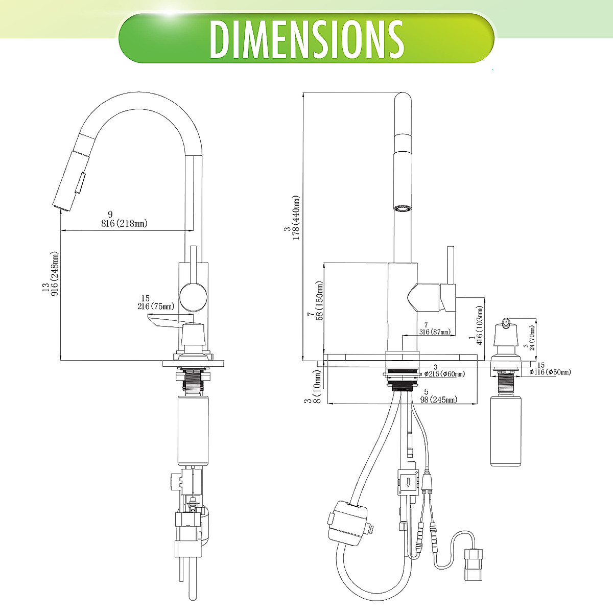Homewerks 55-K821S-SS-T Hands Free Touchless Kitchen Faucet Pull Down Sprayer, Single, 2, 3 or 4-Hole Install