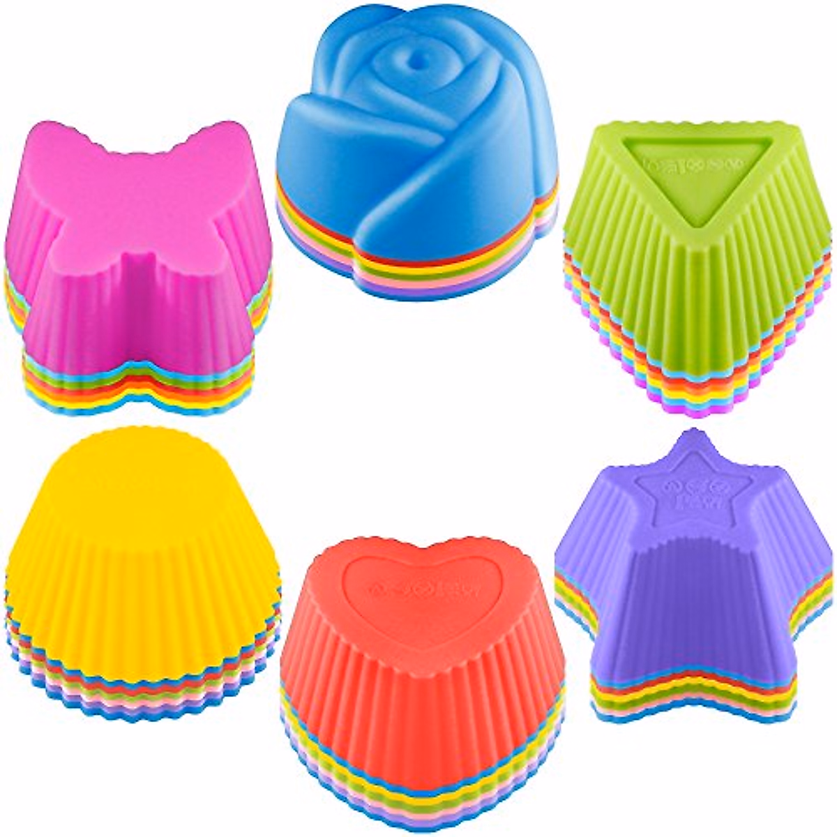 42 pcs Silicone Cupcake Baking Cups, SENHAI Non-Stick Heat Resistant Cake Molds Ice Cube Molds for Making Muffin Chocolate Bread - 6 Shapes