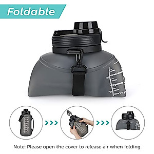 Augot Collapsible Water Bottle, 2L/64OZ Large Capacity Water Bottle with Straw Half Gallon Silicone Foldable Water Bottle with Carrying Strap & Time Markings for Outdoor Travel Runing Fitness (Black)