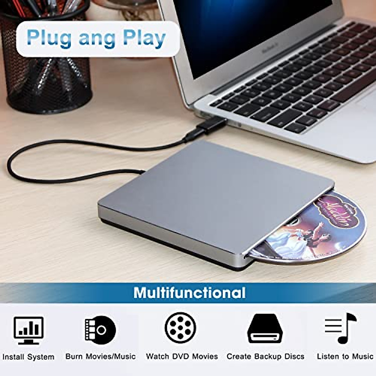 NOLYTH External CD DVD Drive USB 3.0 Type-C Slot-in CD/DVD Burner Slim DVD Player for Laptop Disk Drive CD Reader Optical Drive CD ROM External Drive for Laptop Mac PC Windows MacBook Apple Desktop