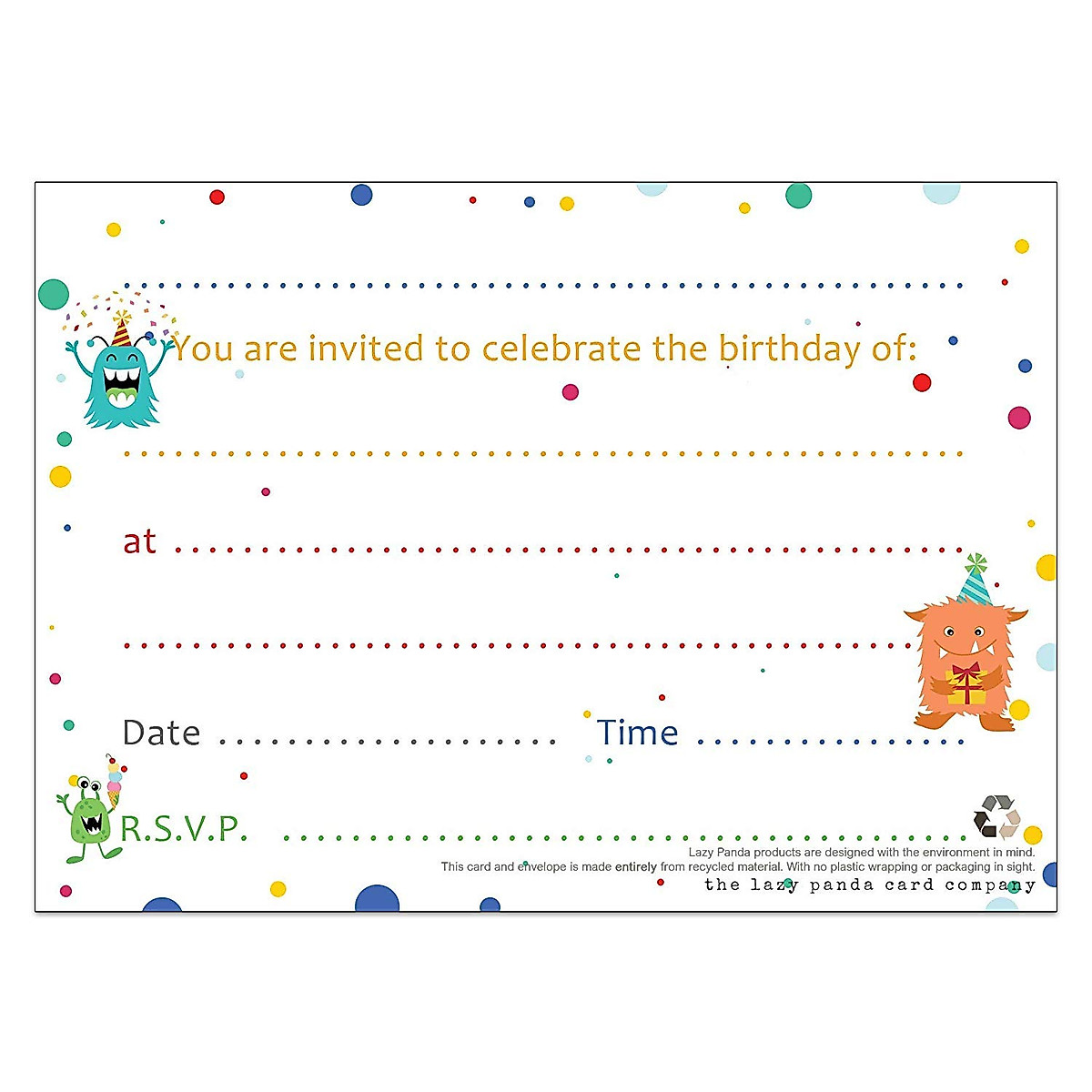 the lazy panda card company 20 Eco Friendly Monster Birthday Invitations for Children (With Blue Envelopes)