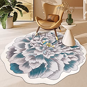 Modern Floral Rug 4Ft Round Farmhouse Rug Bedroom Floor Carpet Kids Rug Rural Accent Peony Flower Area Rug Nonslip Washable Circle Mat for Living Room Apartment Floor Protective Rug, Grayish Green