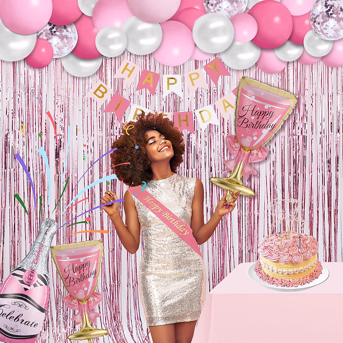 Party Spot! 103 pcs Pink Birthday Decorations, Pink Decorations for Party, Balloon Arch, Tablecloth, Banner, Fringe Curtain, Birthday Decoration for Women, Pink Party Decorations