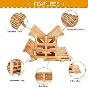 Worthyeah Bamboo Dish Drying Rack, 3 Tier Collapsible Dish Rack with Utensil Holder, Wooden Dish Drying Rack for Kitchen Counter, Large Folding Drying Holder, Dish Drainer