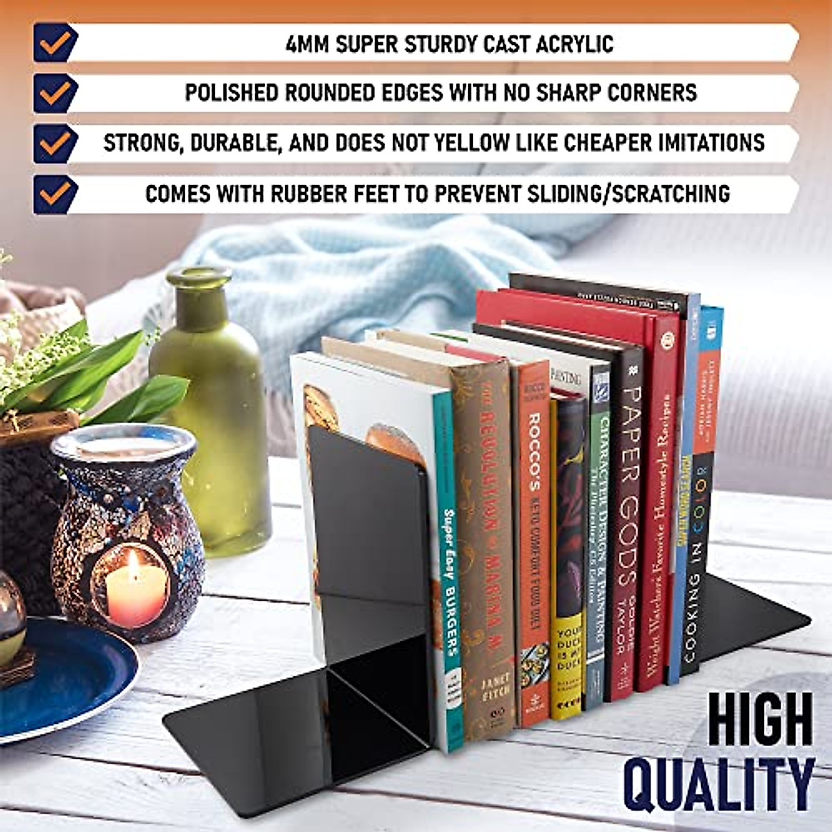 Acrylic Bookends, 2 Pairs of Clear Invisible Book Ends for Shelves, 4mm Heavy Duty Non Skid Book Holders for Books, Movies, DVDs, CDs, Video Games. Book Stopper for Home, Office, Library (Black)