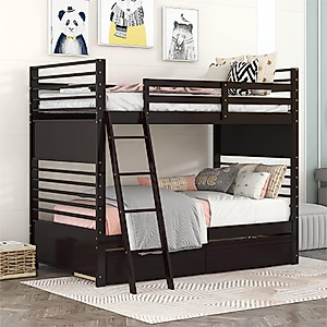 Twin over Twin Bunk Bed with Two Storage Drawers, Solid Wood Bunk Beds with Guardrails and Angle Ladders for Kids Boys Girls Teens, can be Divided into Two Individual Beds (Twin Size, Espresso)
