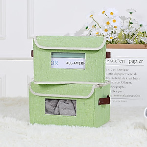 ANMINY 2 PCS Fabric Storage Bins with Lid PU Leather Handles Clear Window Washable PP Plastic Board Decorative Foldable Lidded Cotton Linen Storage Boxes Baskets Closet Organizer - Green, Small Size