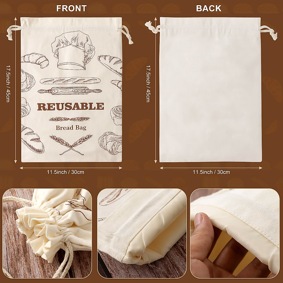 Bread Bags for Homemade Bread, 2 Pack Reusable Bread Bags, Linen Bread Bag with Plastic Liner for Sourdough & Bread Storage