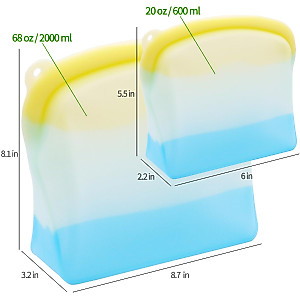 FUSMYE 2 Pack Extra Large Pure Silicone Food Storage Bags, 68oz, Stand Up Reusable Food Storage Containers, Ideal for Kitchen Camping, Microwave Freezer Dishwasher Safe, Leak-free