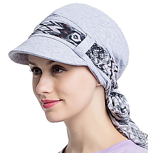 JarseHera Chemo Hats for Women Bamboo Cotton Lined Newsboy Caps with Scarf Double Loop Headwear for Cancer Hair Loss Light Gray